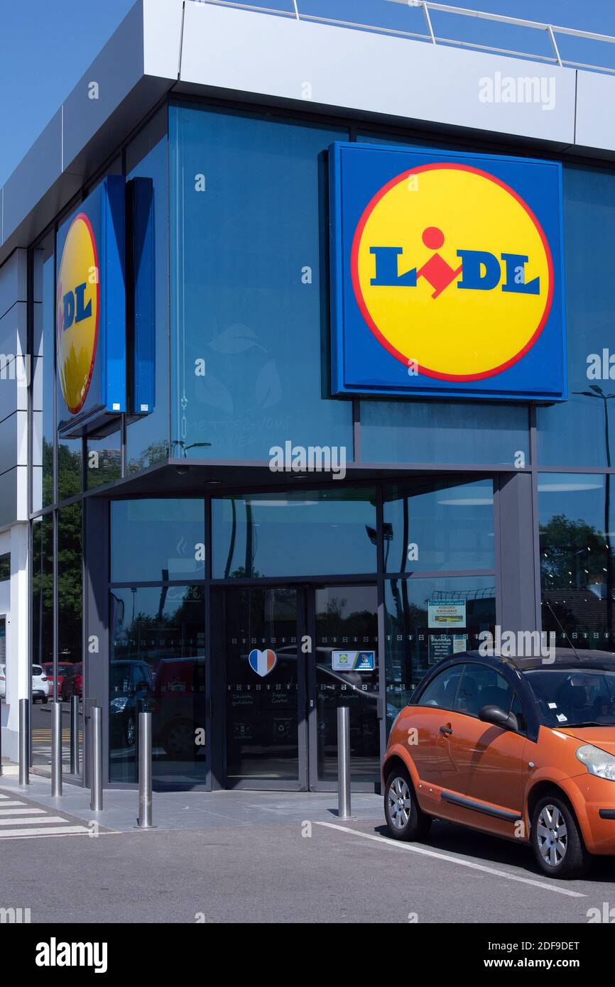 A shop sign of Lidl on April 23, 2020 in Ollainville, France.Photo by ...