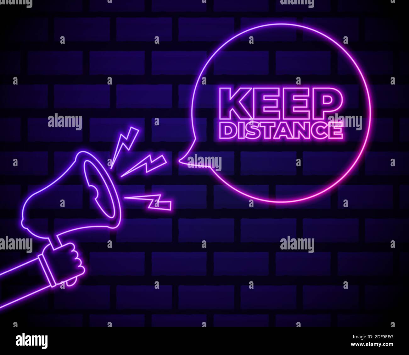 Stop coronavirus neon sign with keep distance icon.neon loudspeaker ...