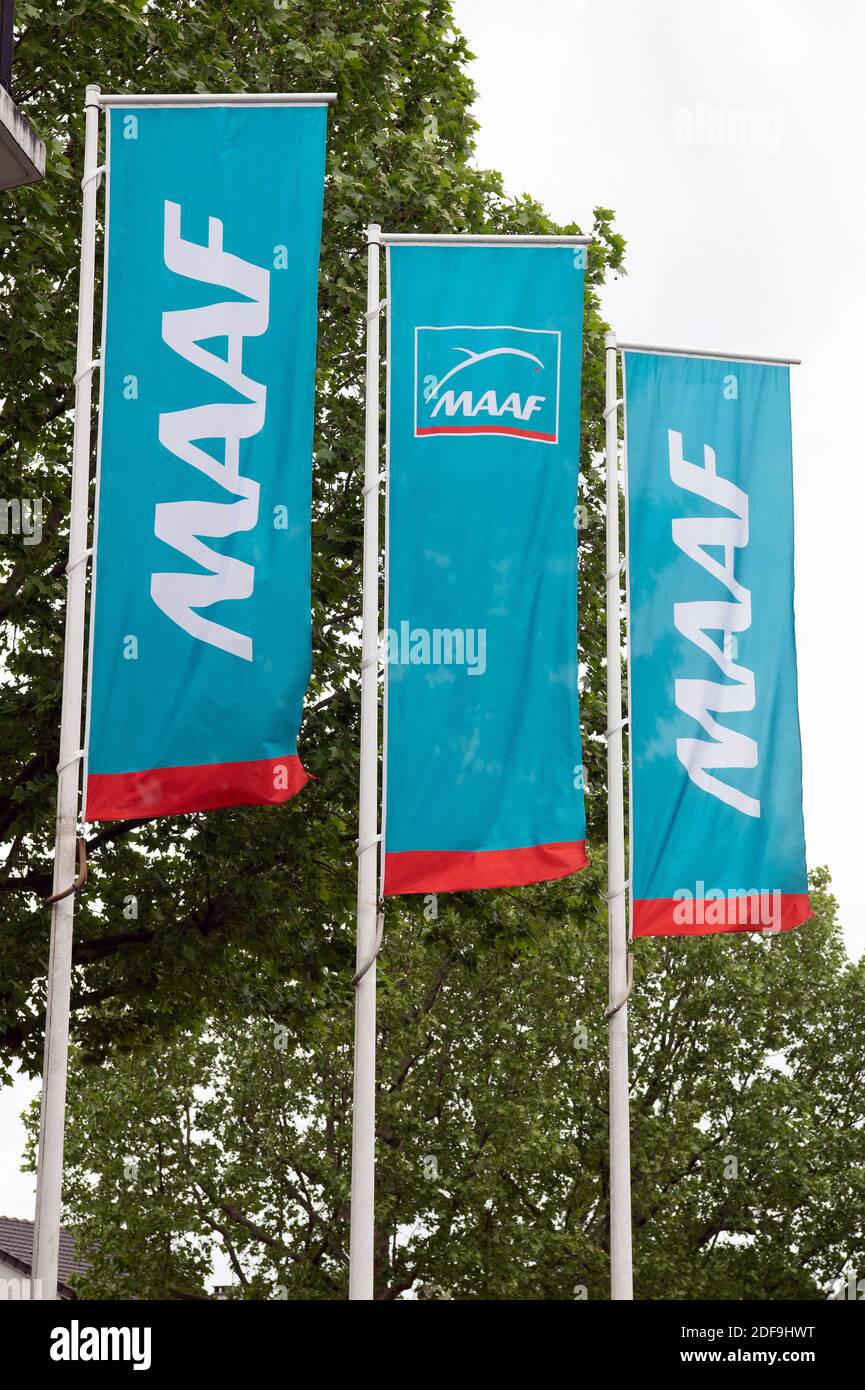 A shop sign of MAAF assurance store, on April 29, 2020 in Paris, France ...