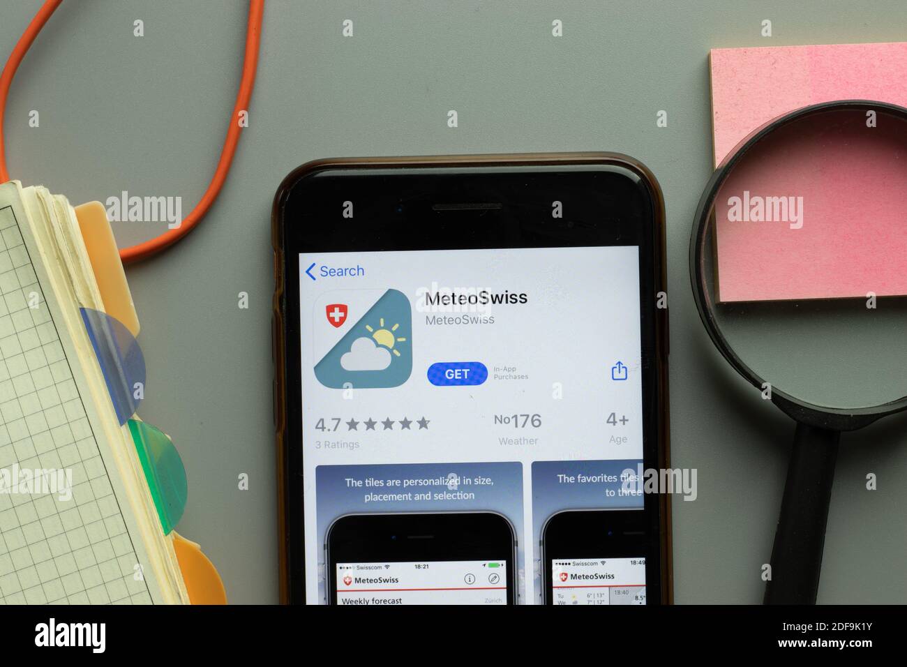 New York, USA - 1 December 2020: MeteoSwiss mobile app icon on phone screen top view ...