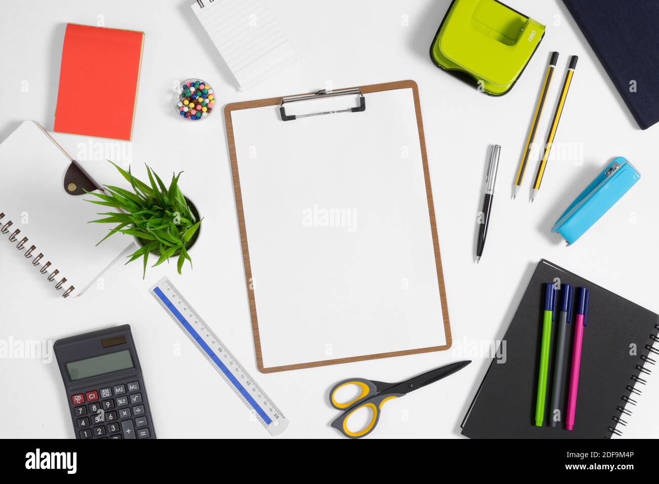 Multiple stationery items for office and school. Top view flat lay of ...