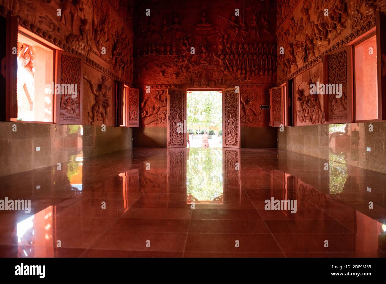Interior of the red tmple in Thailand, Koh Samui, windows and door ...