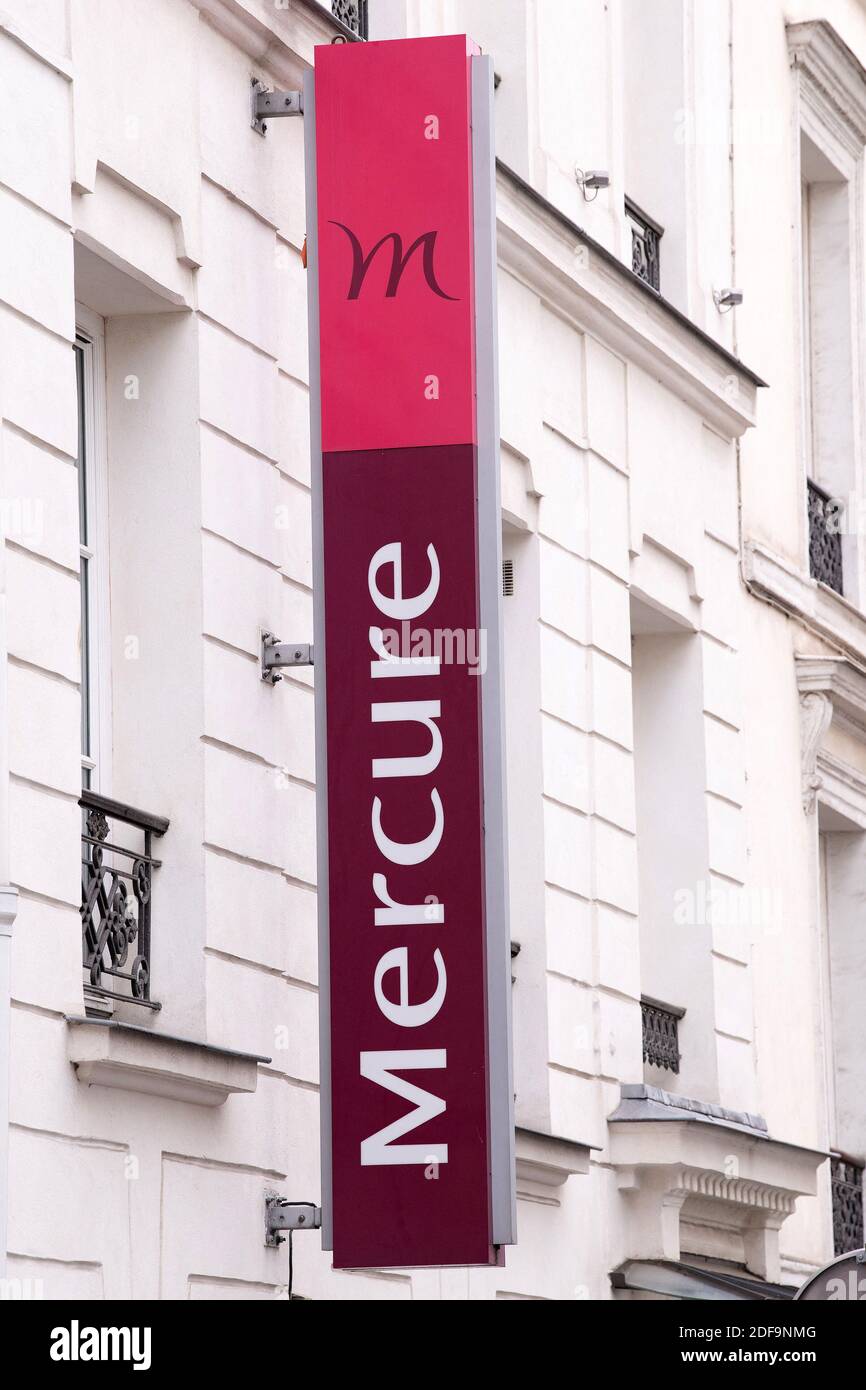 A shop sign of Mercure hotel, on May 04, 2020 in Paris, France.Photo by ...