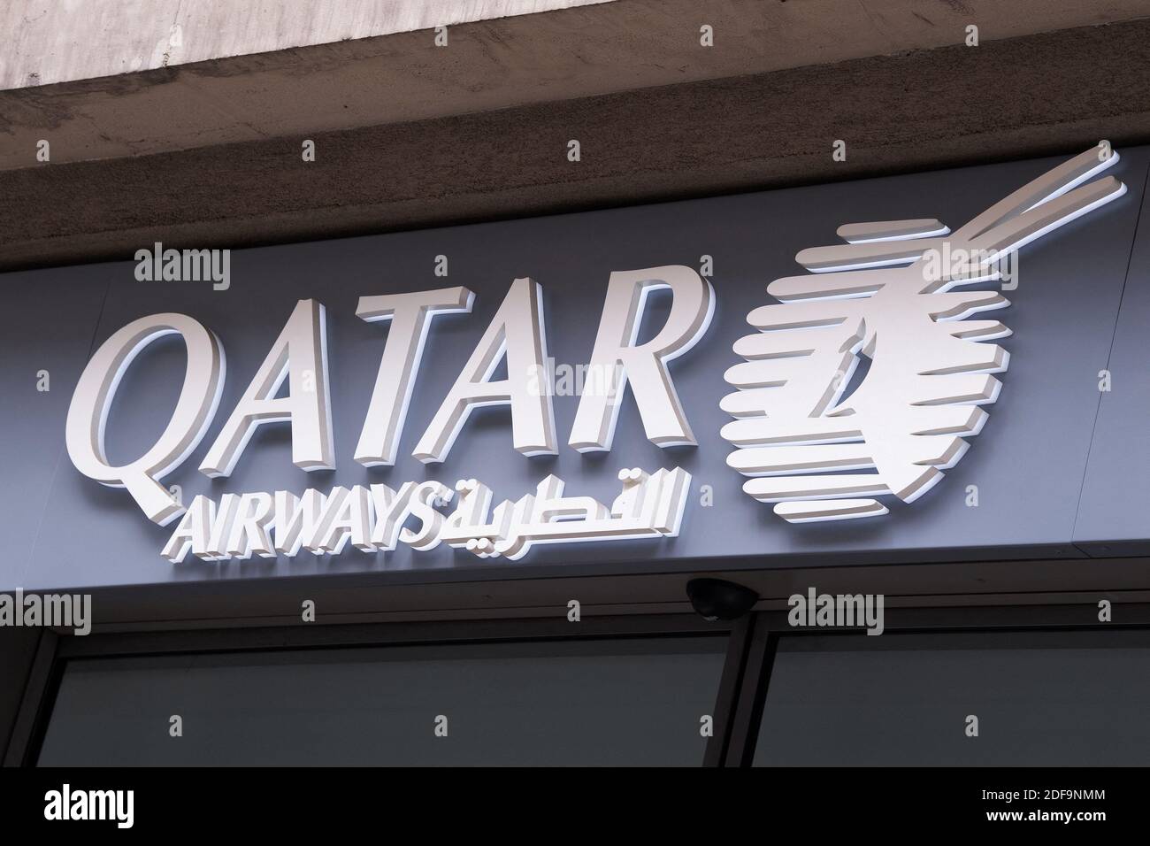 A shop sign of QATAR Airways, on May 04, 2020 in Paris, France.Photo by ...