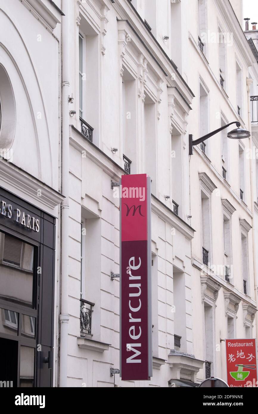 A shop sign of Mercure hotel, on May 04, 2020 in Paris, France.Photo by ...