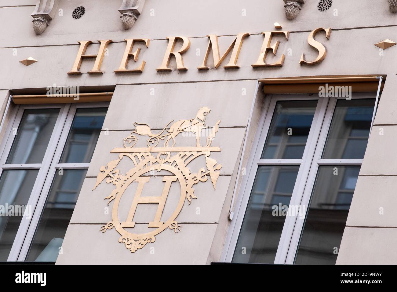 A shop sign of HERMES, on May 04, 2020 in Paris, France.Photo by David ...