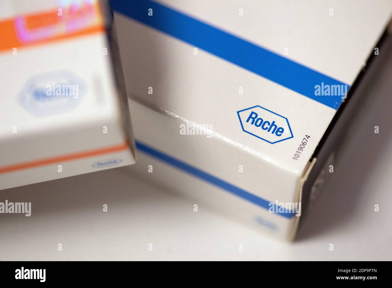 The logo of Swiss drugmaker Roche on a pack of the drug, on May 05 ...