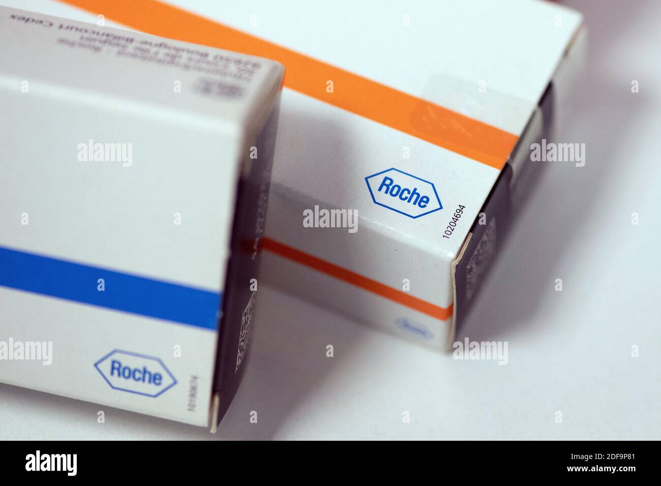 The logo of Swiss drugmaker Roche on a pack of the drug, on May 05 ...