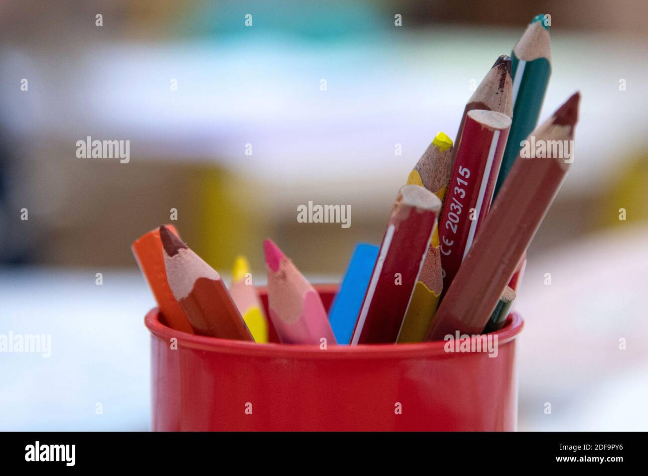 School pencils are seen during a class operated during lockdown for the ...