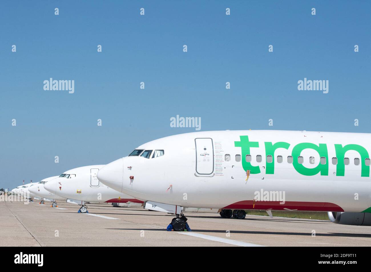 Aircrafts of Transavia Airlines company are parked on the tarmac at ...