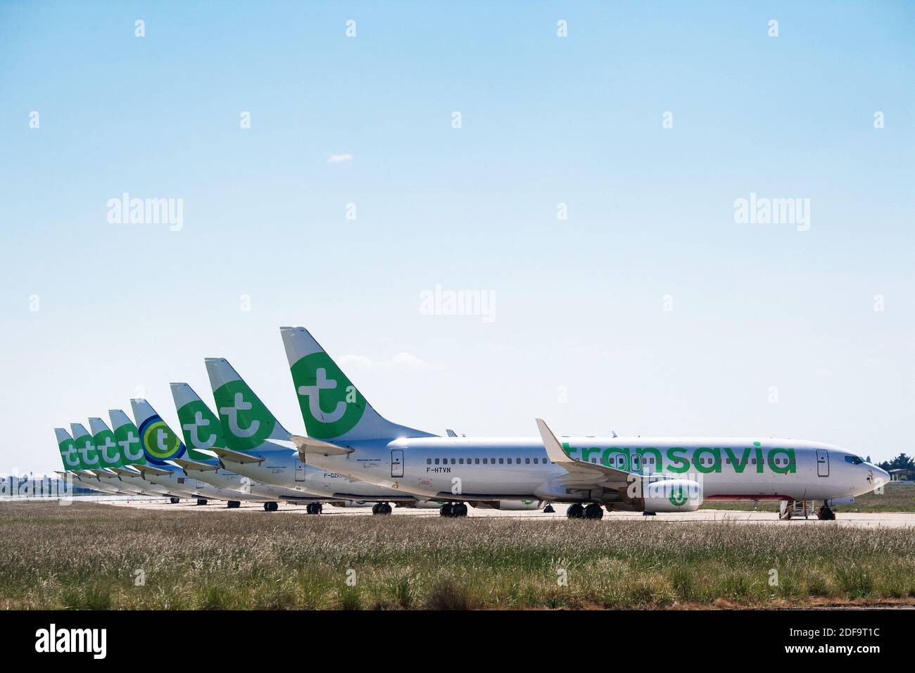 Aircrafts of Transavia Airlines company are parked on the tarmac at ...