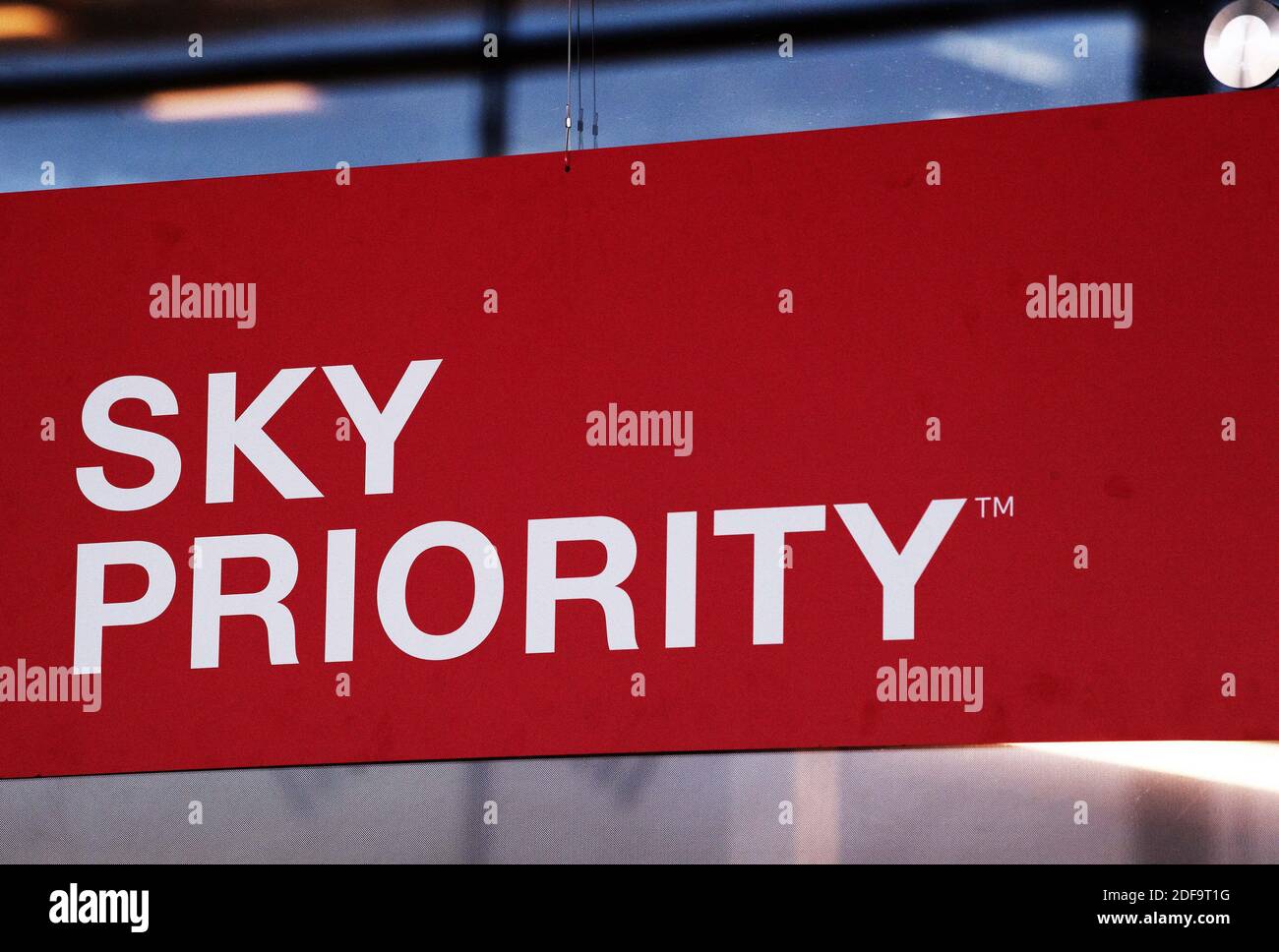 A logo of SKY PRIORITY at Orly Airport near Paris,on May 06, 2020 in ...