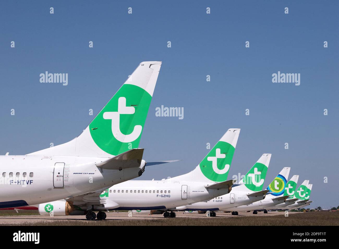 Aircrafts of Transavia Airlines company are parked on the tarmac at ...