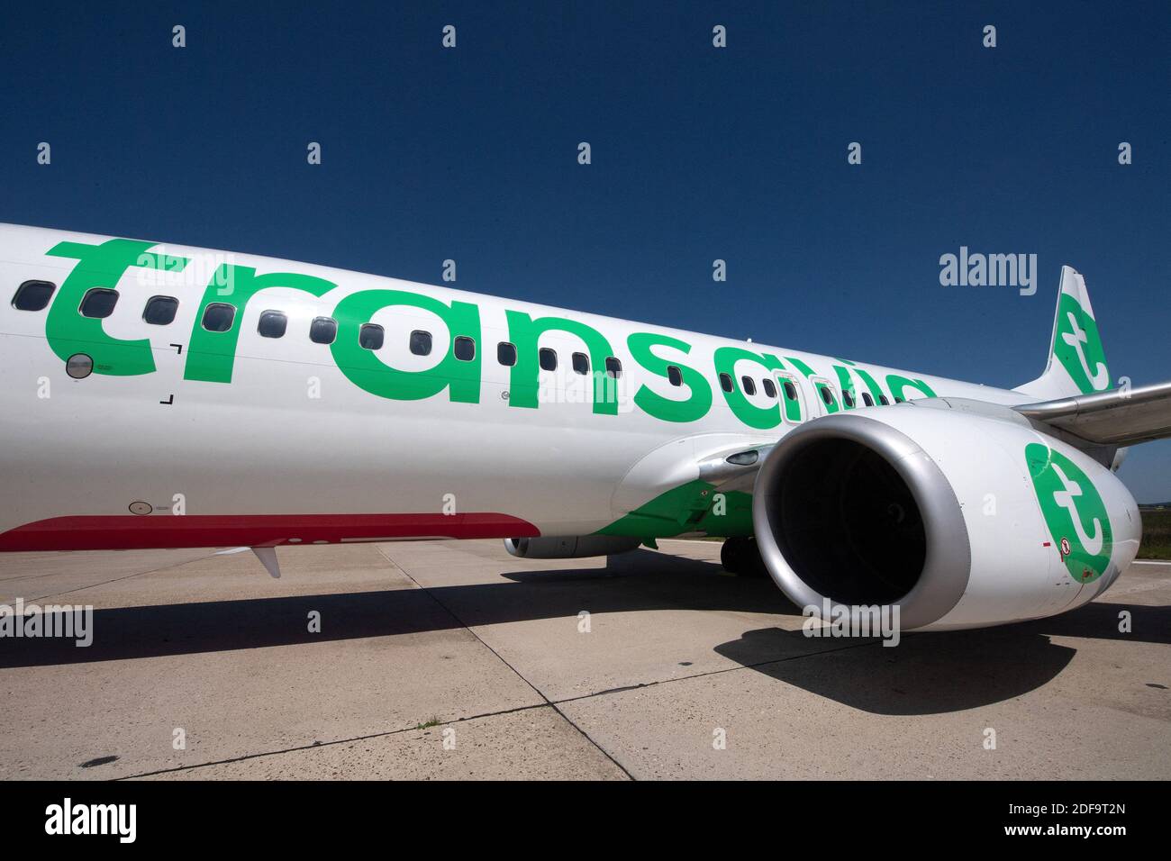 Aircrafts of Transavia Airlines company are parked on the tarmac at ...