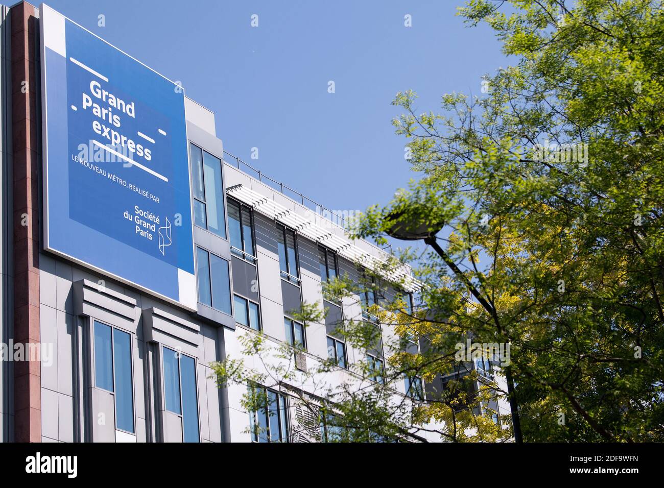 A logo of GRAND PARIS express, on May 06, 2020 in Saint-Denis, France ...