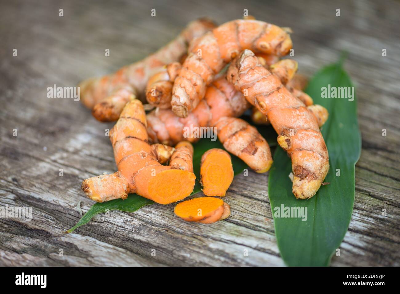 turmeric on wooden , fresh turmeric root and green leaves for nature ...