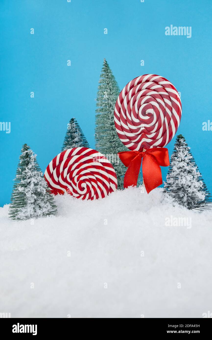 Christmas trees forest with red candies and lollipops sweets. Merry ...