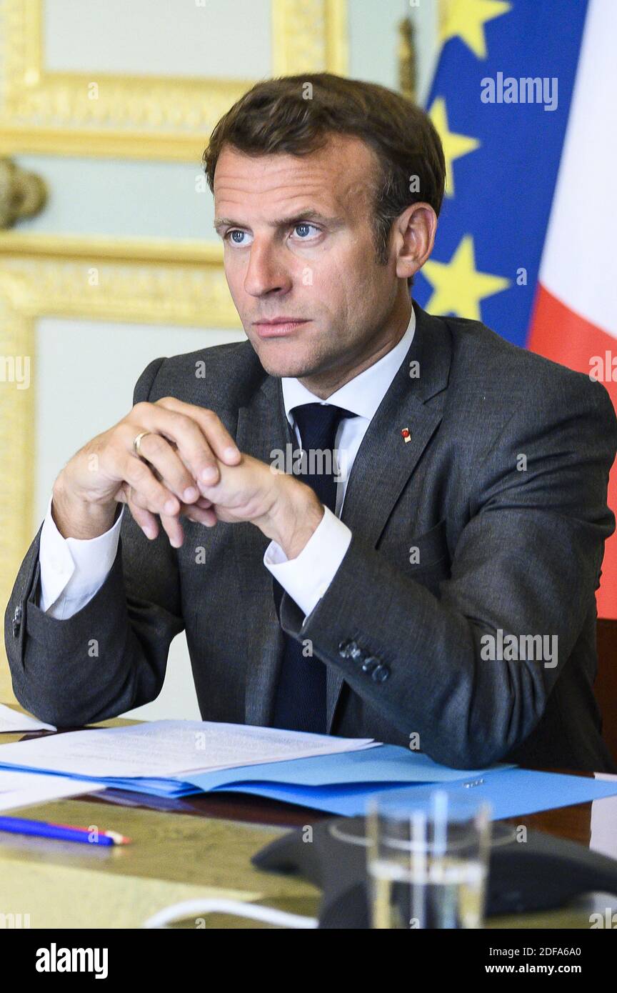 French President Emmanuel Macron during a meeting with German ...