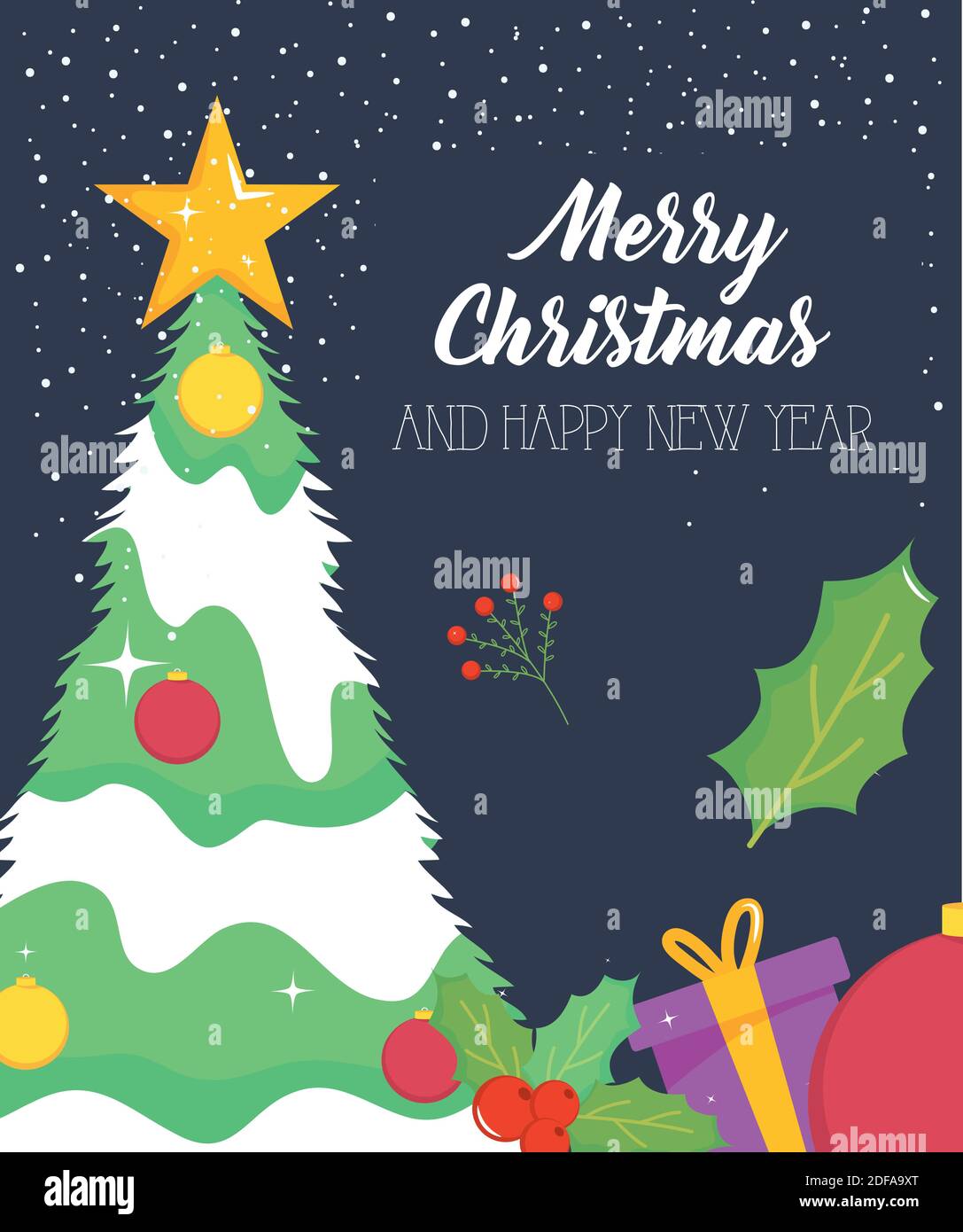 merry christmas pine tree with snow and gift design, winter season and decoration theme Vector ...