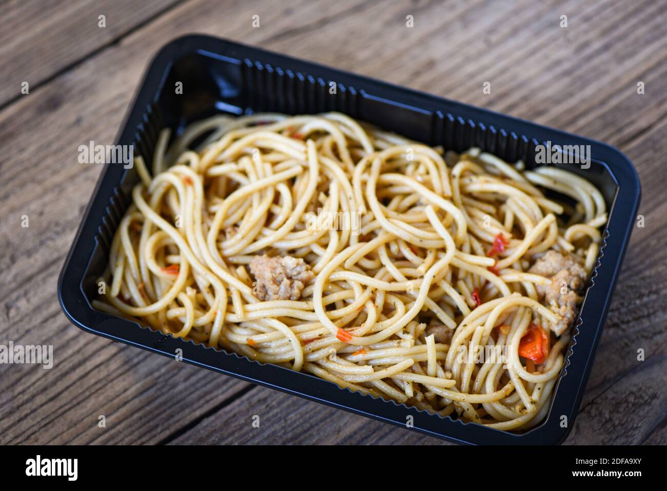 Food in plastic box food delivery concept, spaghetti pasta in plastic ...