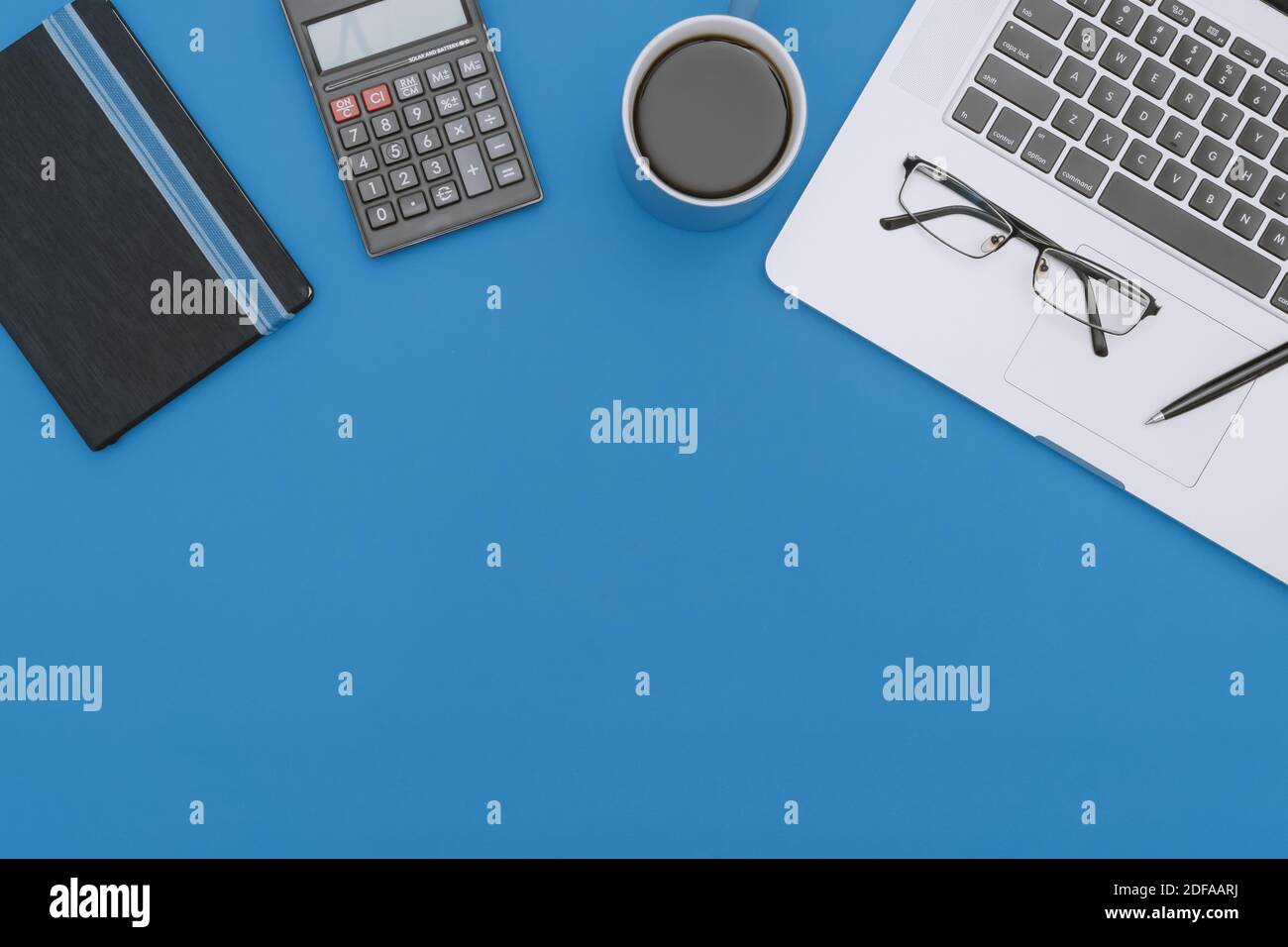 Overhead View of Laptop, Notebook and Calculator on Work Desk Stock ...