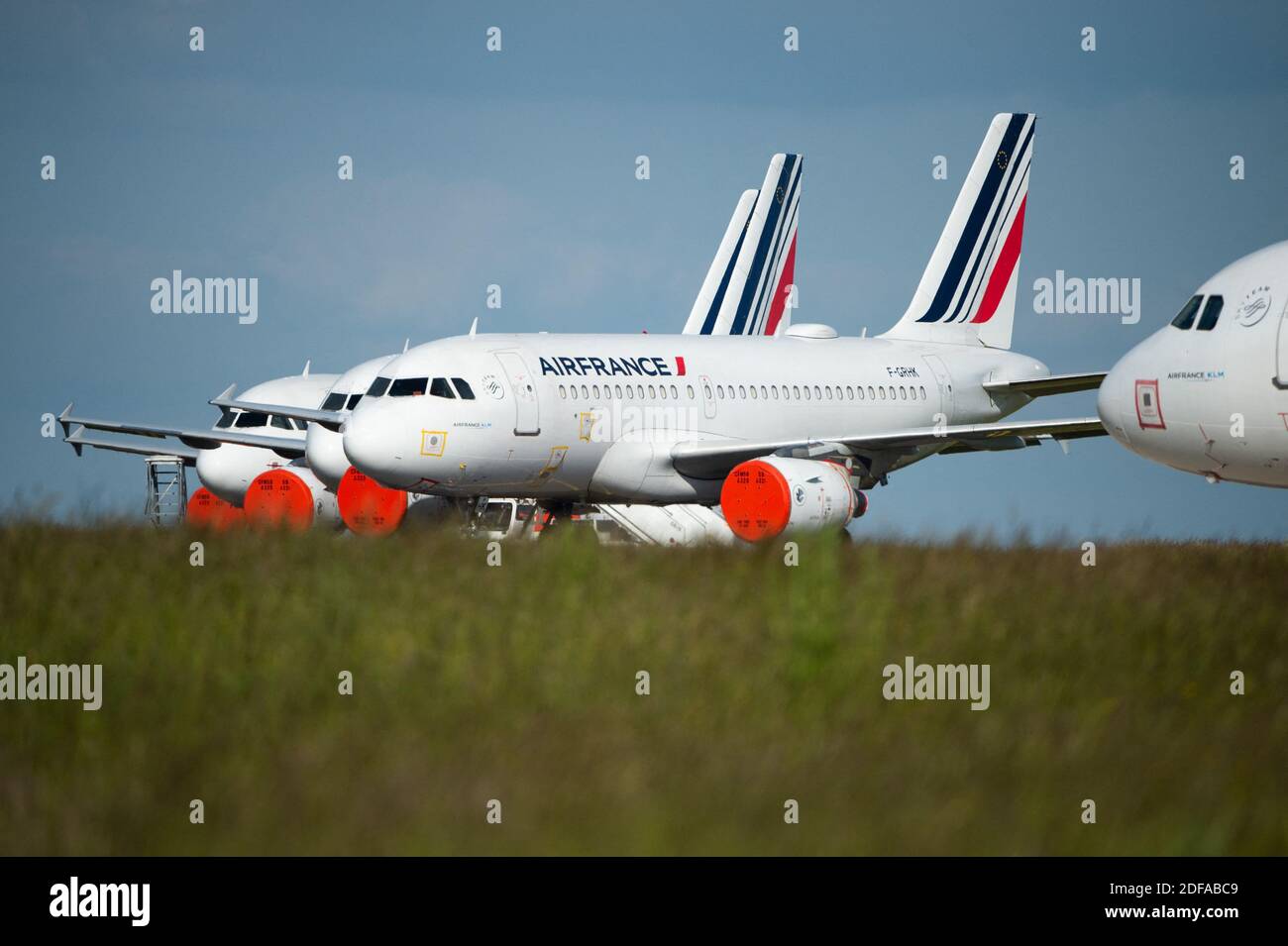 Grounded Air France planes sit on the tarmac at the Paris-Charles de ...