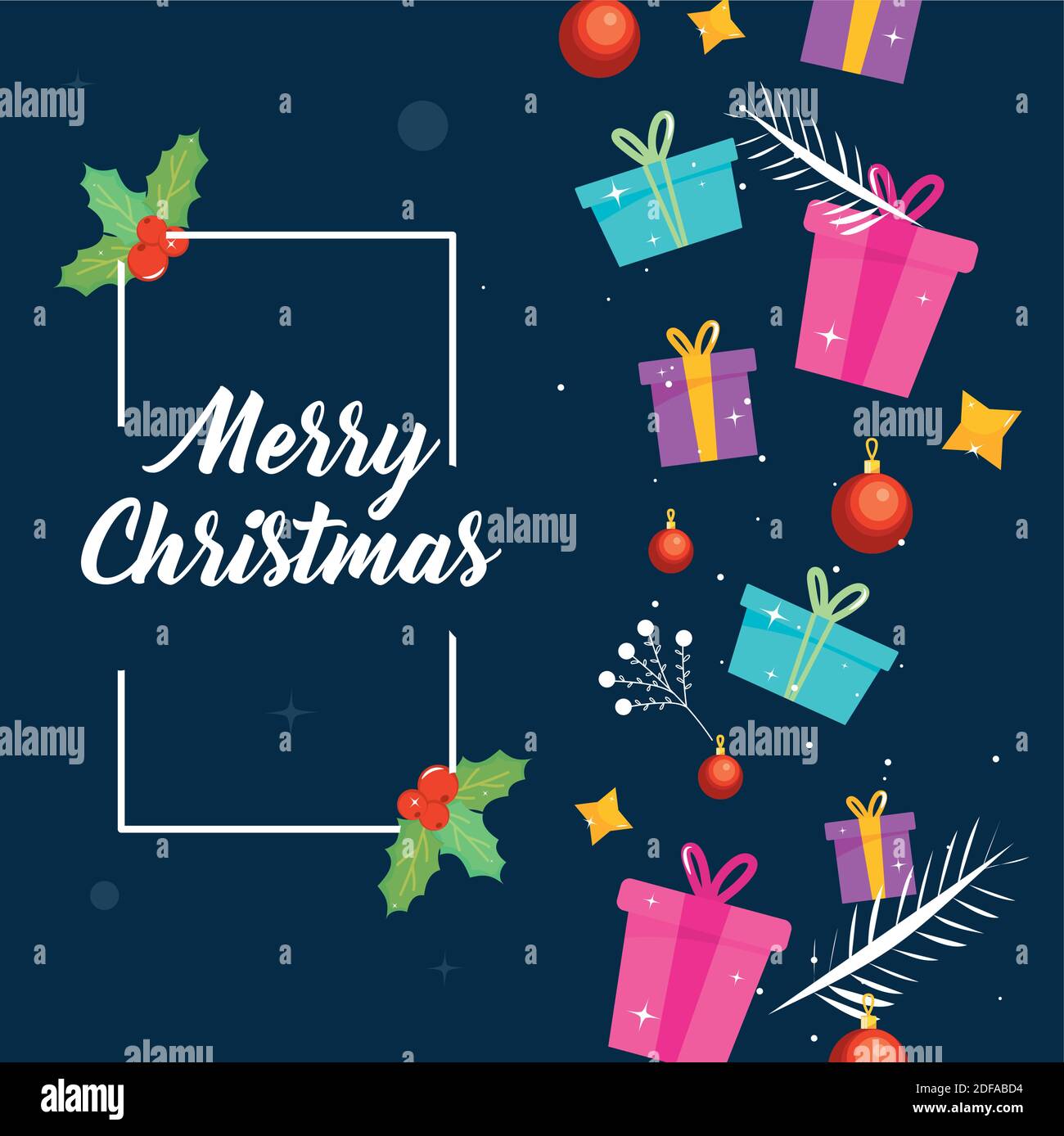 merry christmas frame with gifts and spheres design, winter season and ...
