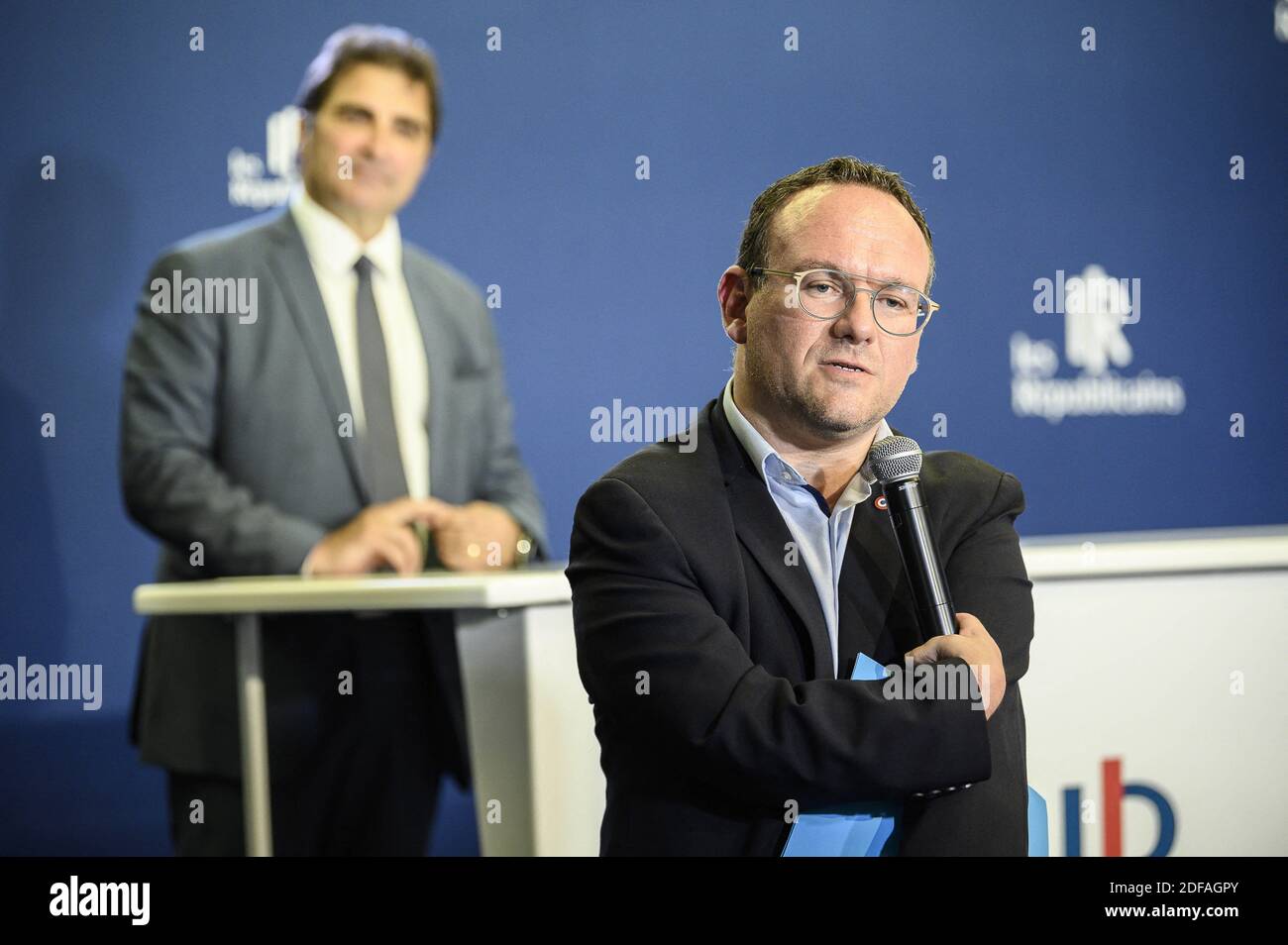 Damien Abad and Christian Jacob President of LR present the economic ...