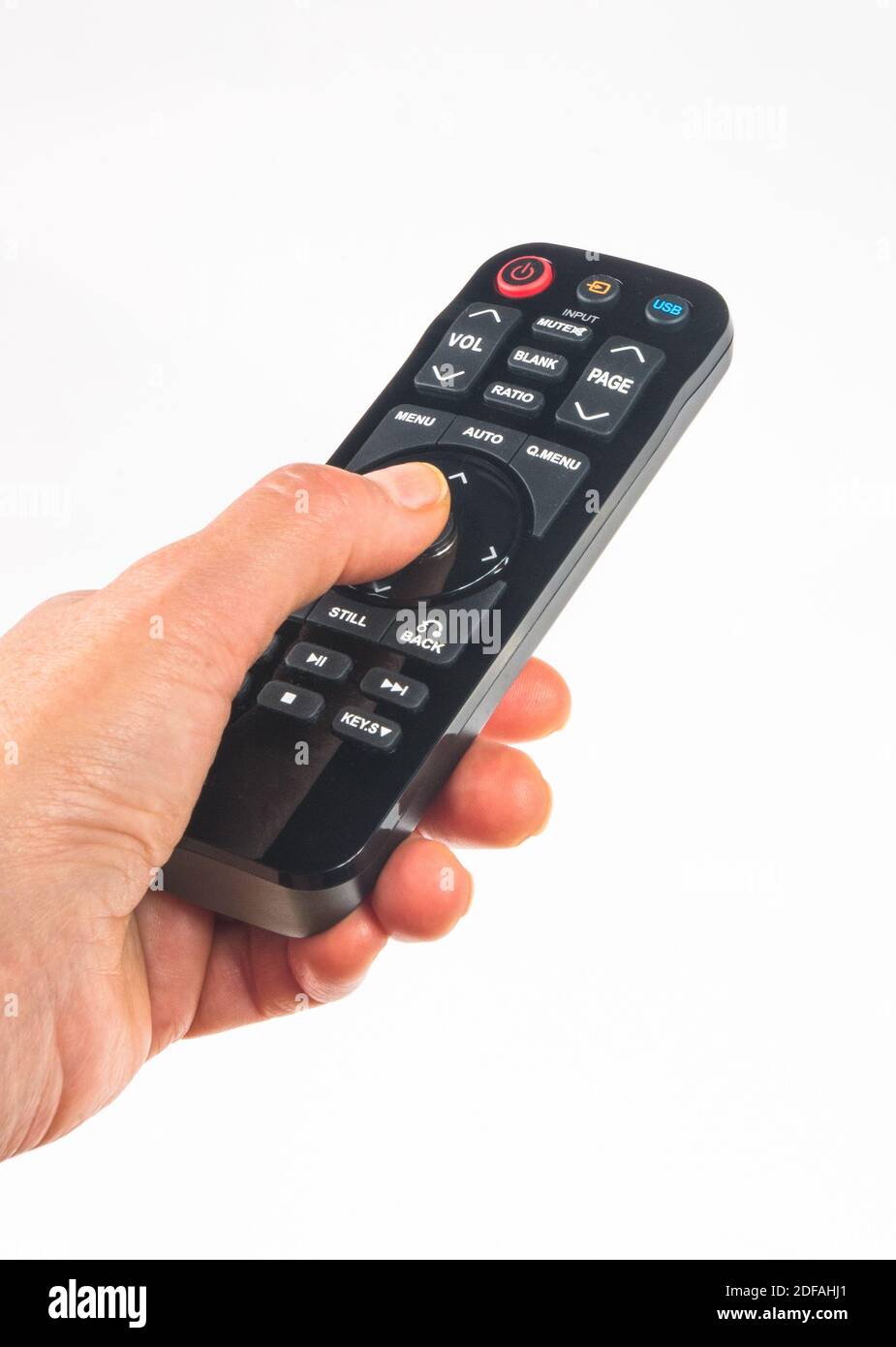 hand holding a remote control on white background Stock Photo - Alamy