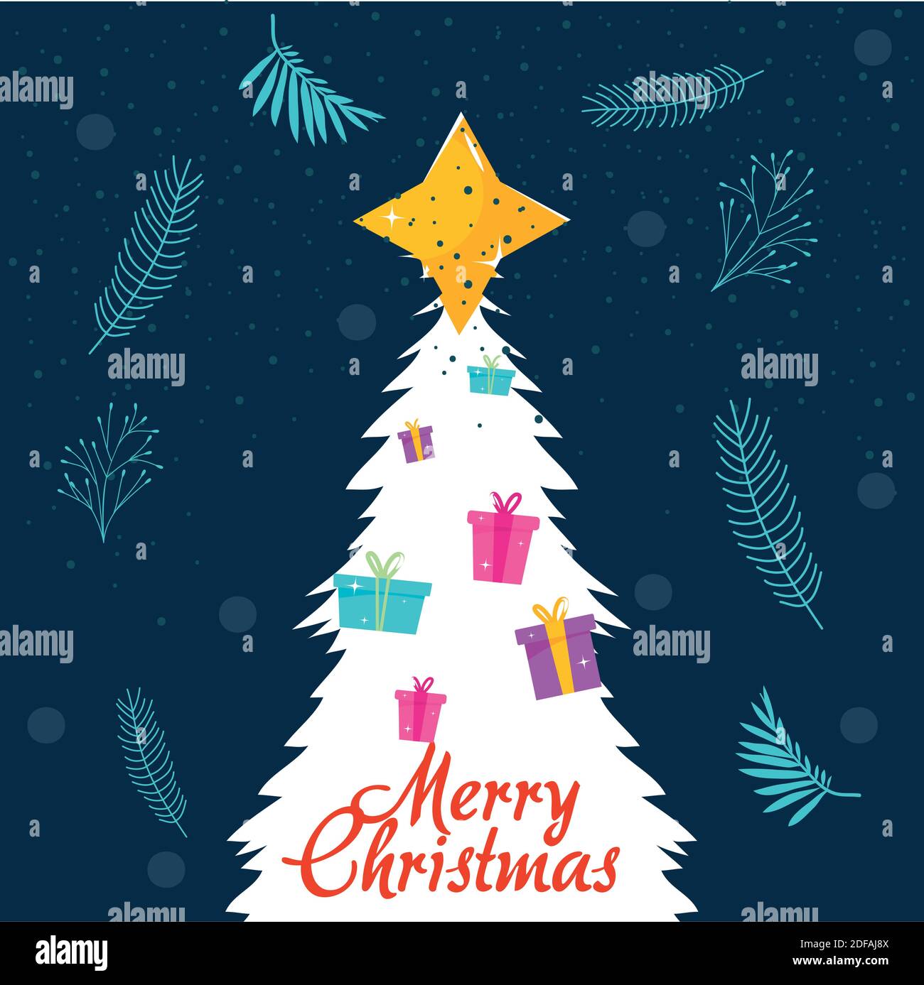 merry christmas pine tree and leaves design, winter season and ...