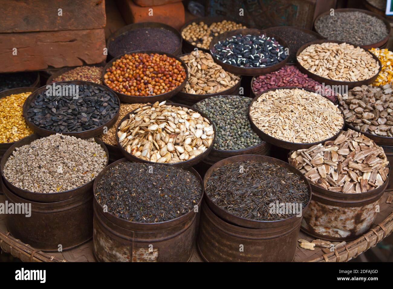 MEDICINAL SPICES for sale at the CENTRAL MARKET in BAGO - MYANMAR Stock ...