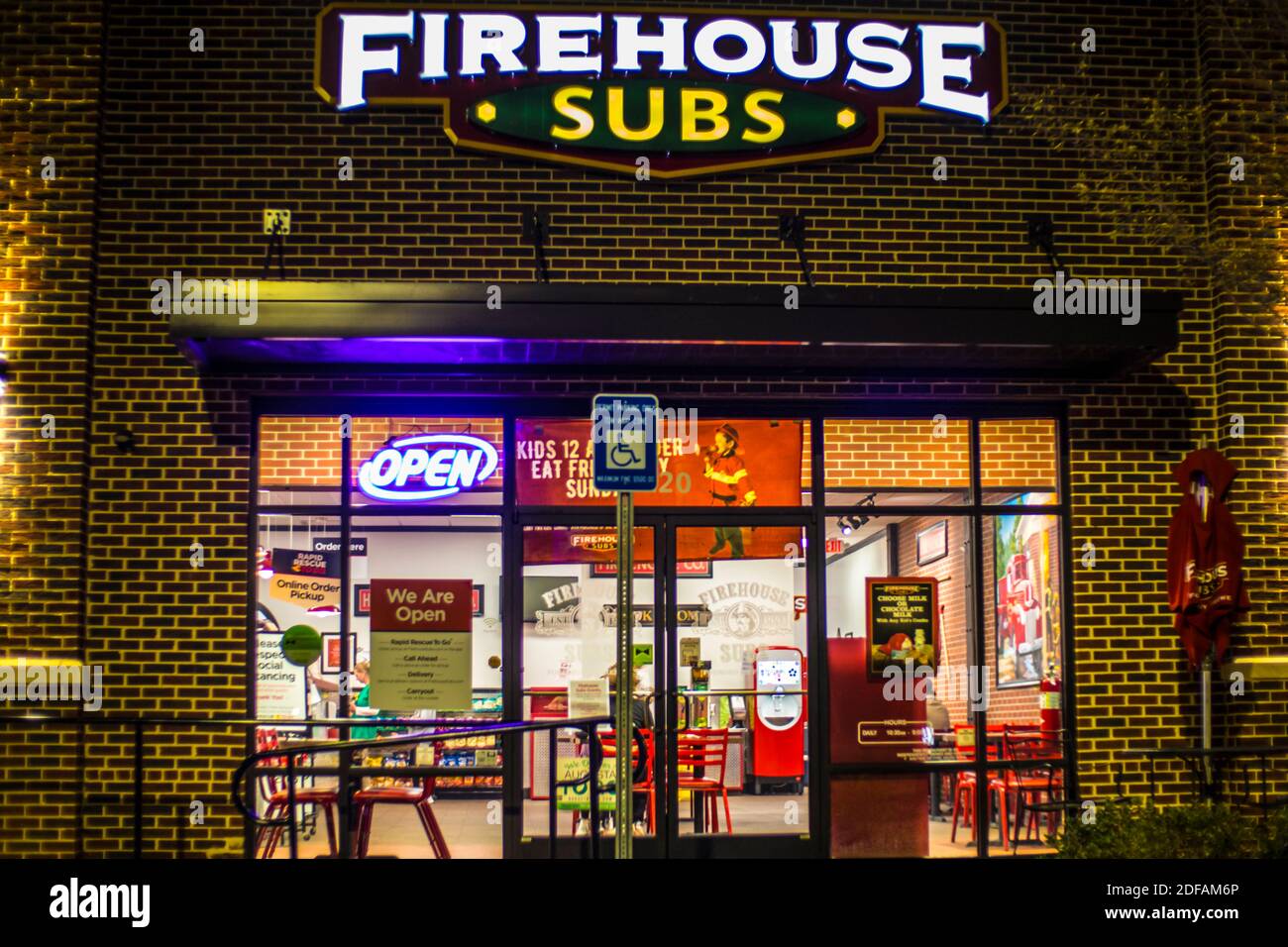 Augusta, Ga USA - 12 02 20: Firehouse Subs restaurant at night building ...