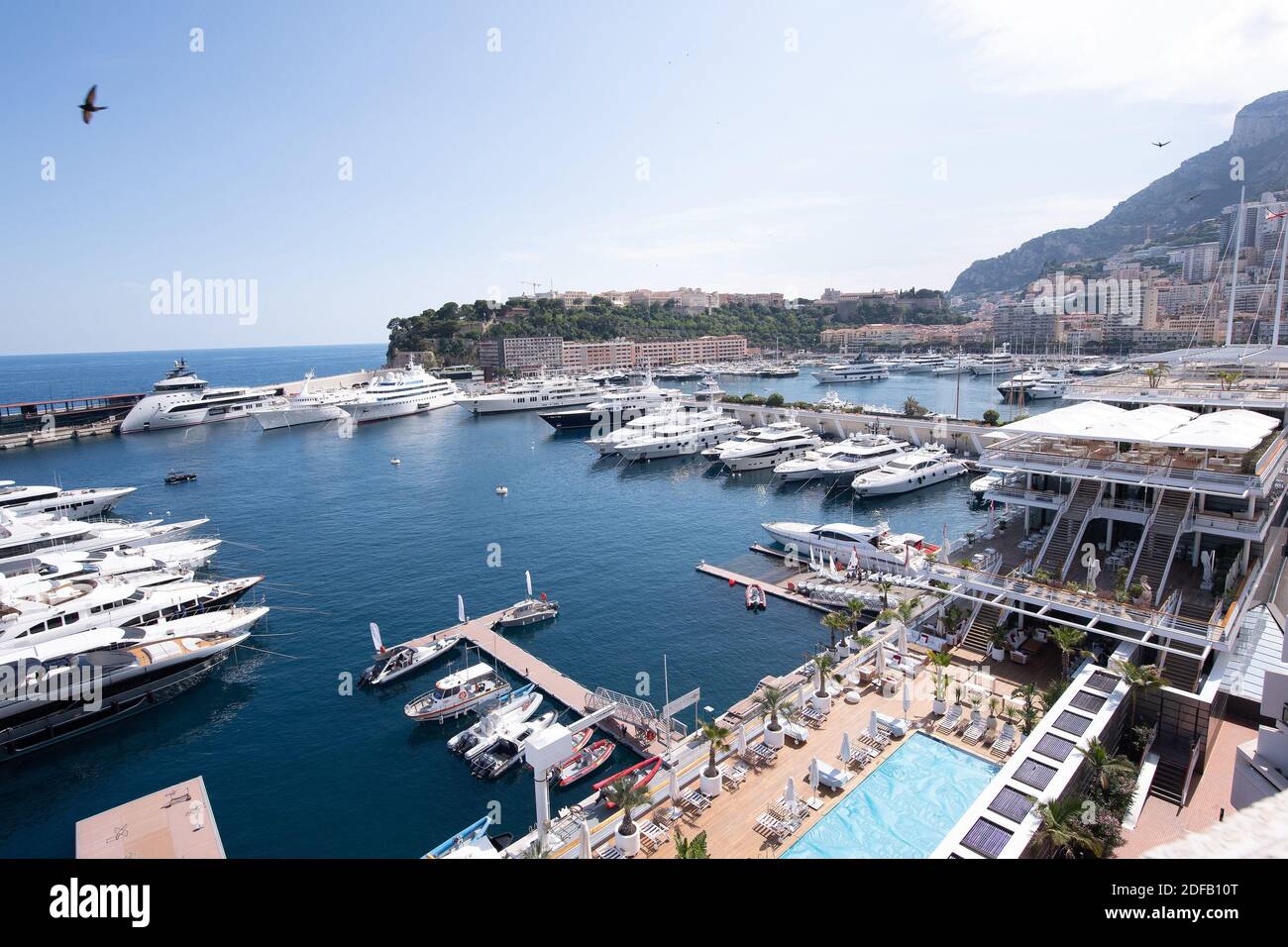 A general view shows the port of Monaco, on June 17, 2020 in Monte ...