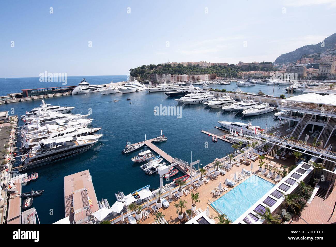 A general view shows the port of Monaco, on June 17, 2020 in Monte ...