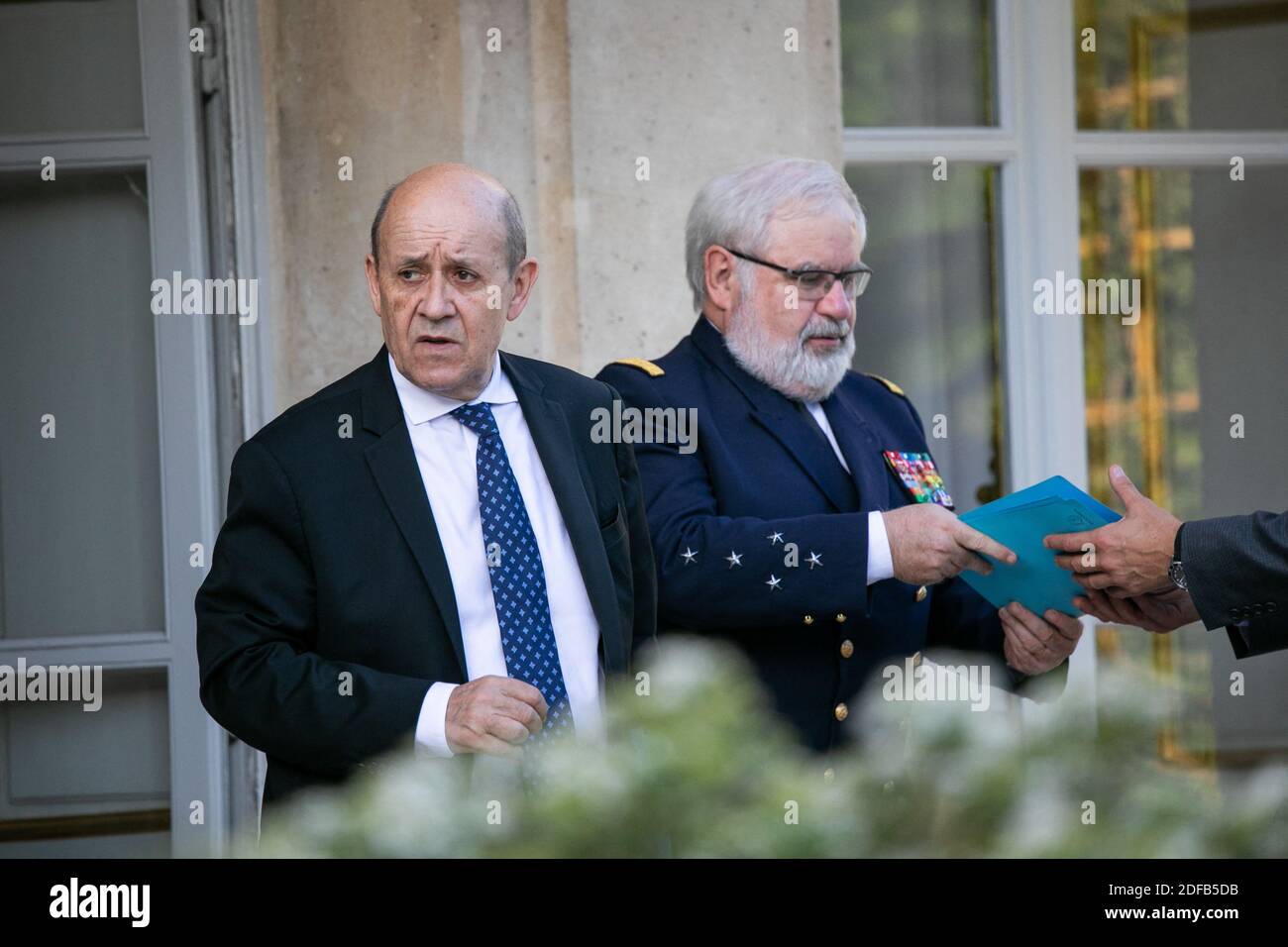 French Foreign Affairs Minister Jean-Yves Le Drian and admiral Bernard ...