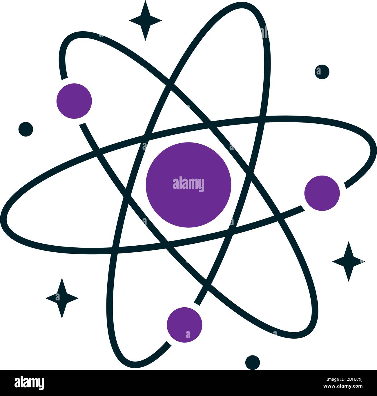 atom with stars around over white background, half line half color ...