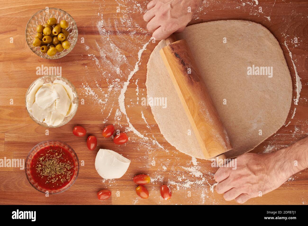 Making italian pizza step by step with ingredients for hand made pizza ...