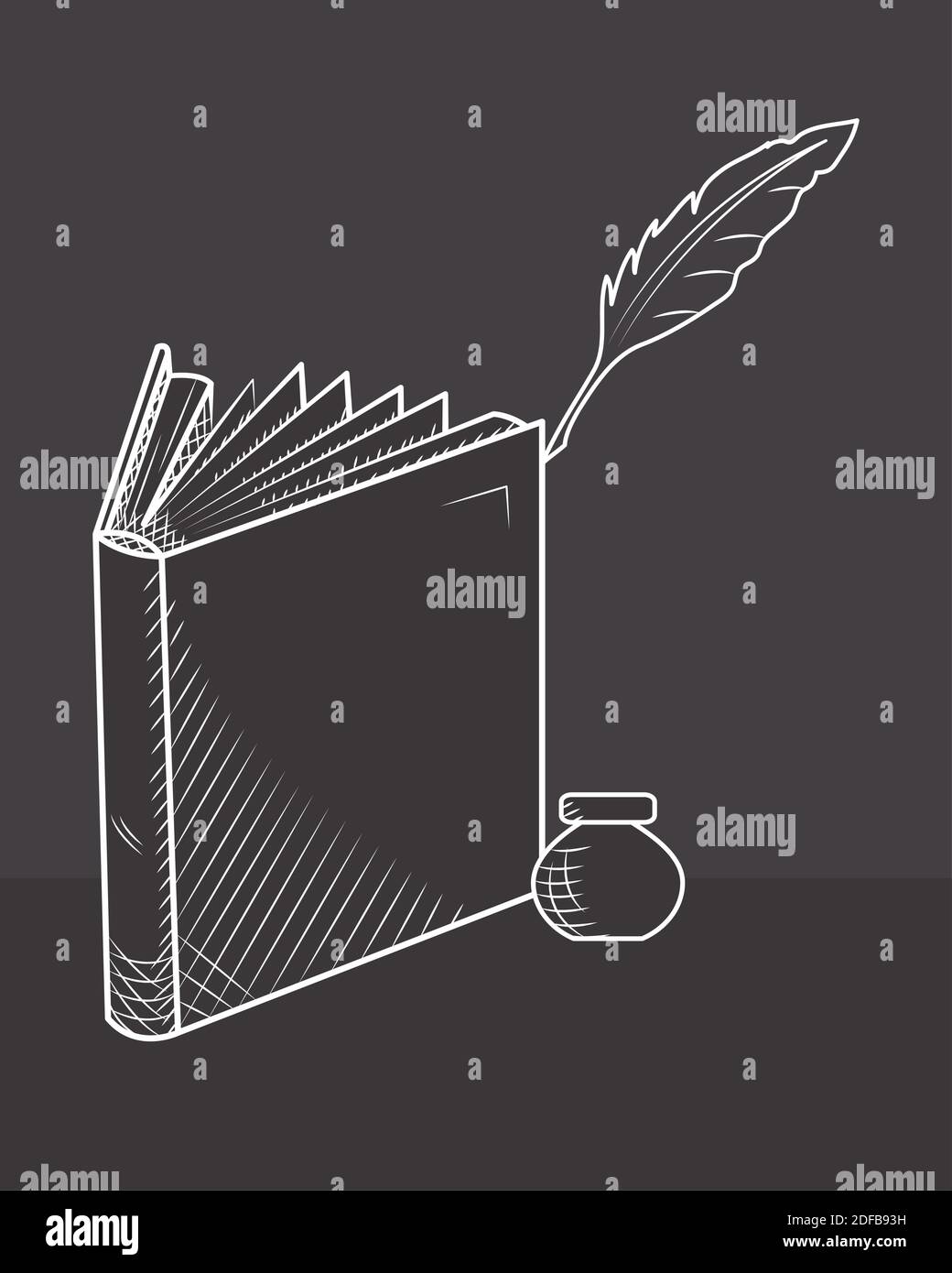 book standing with feather and ink bottle over brown background, hand ...