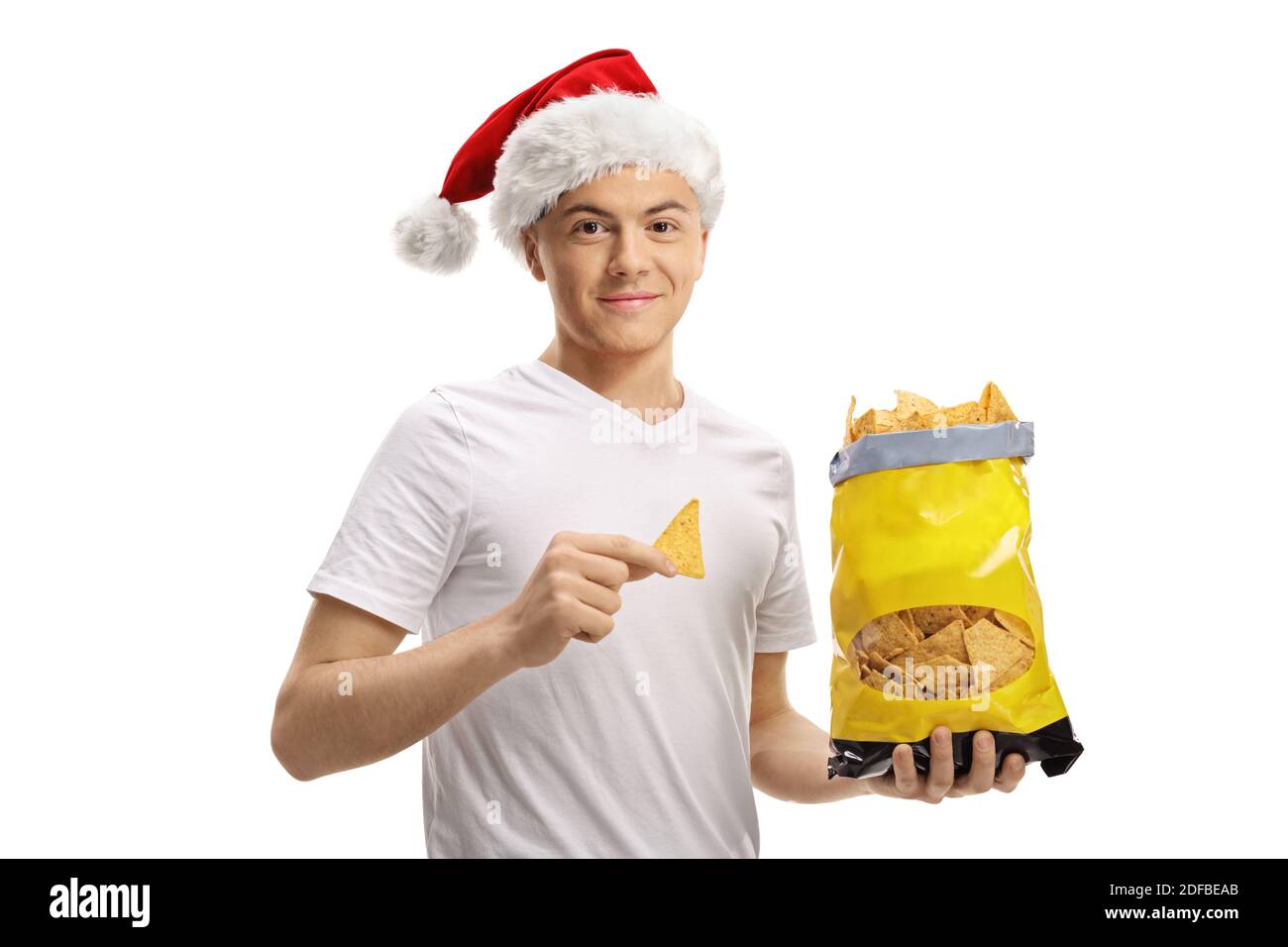 Guy with a santa claus hat holding a bag of chips and pointing isolated ...
