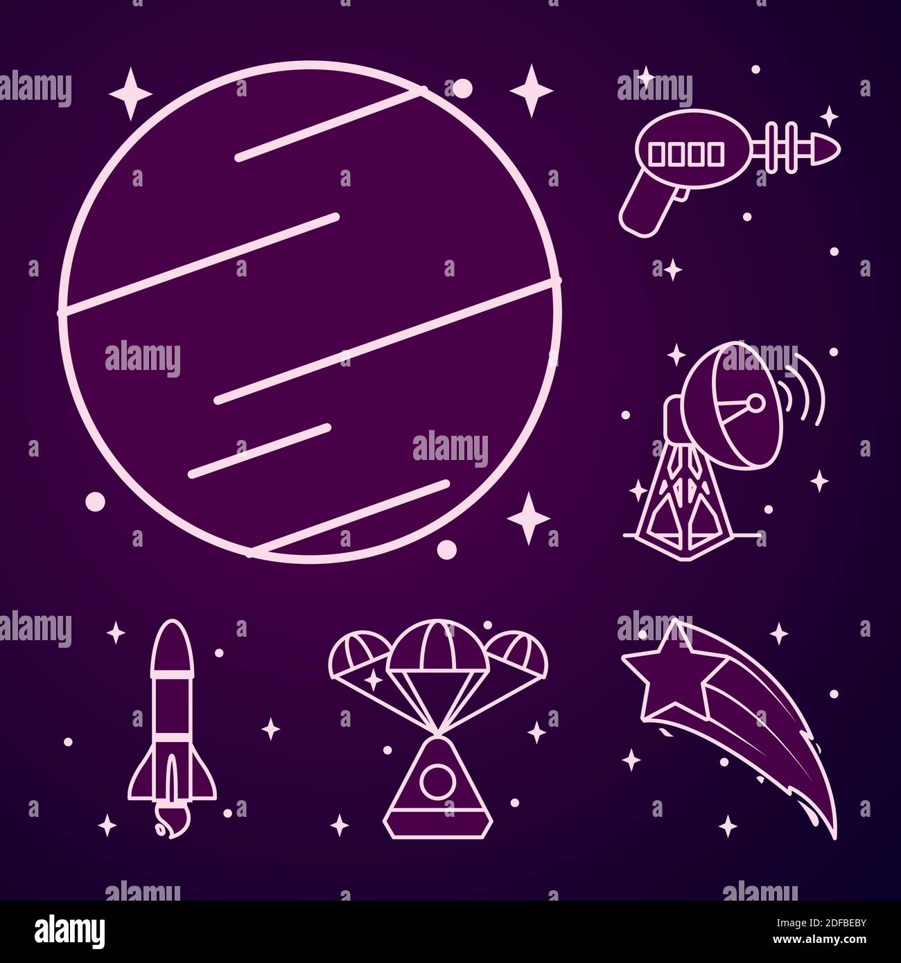 spacial gun and space icon set over purple background, line style ...