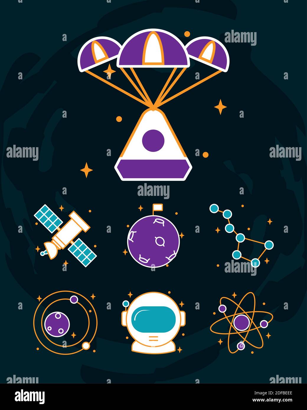 space capsule and space icon set over blue background, half line half ...