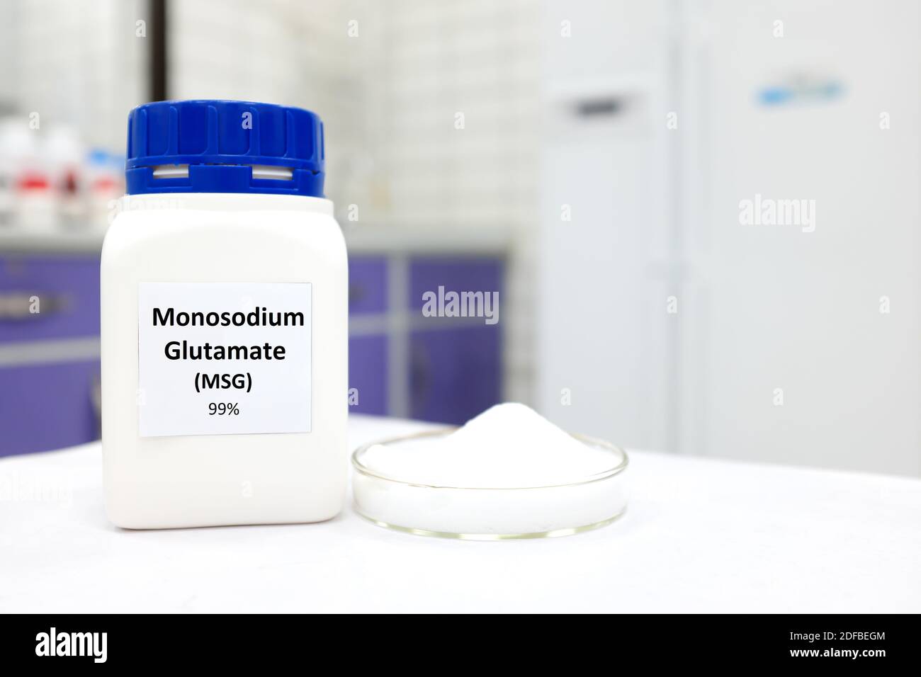Selective focus of bottle of pure monosodium glutamate or msg food ...