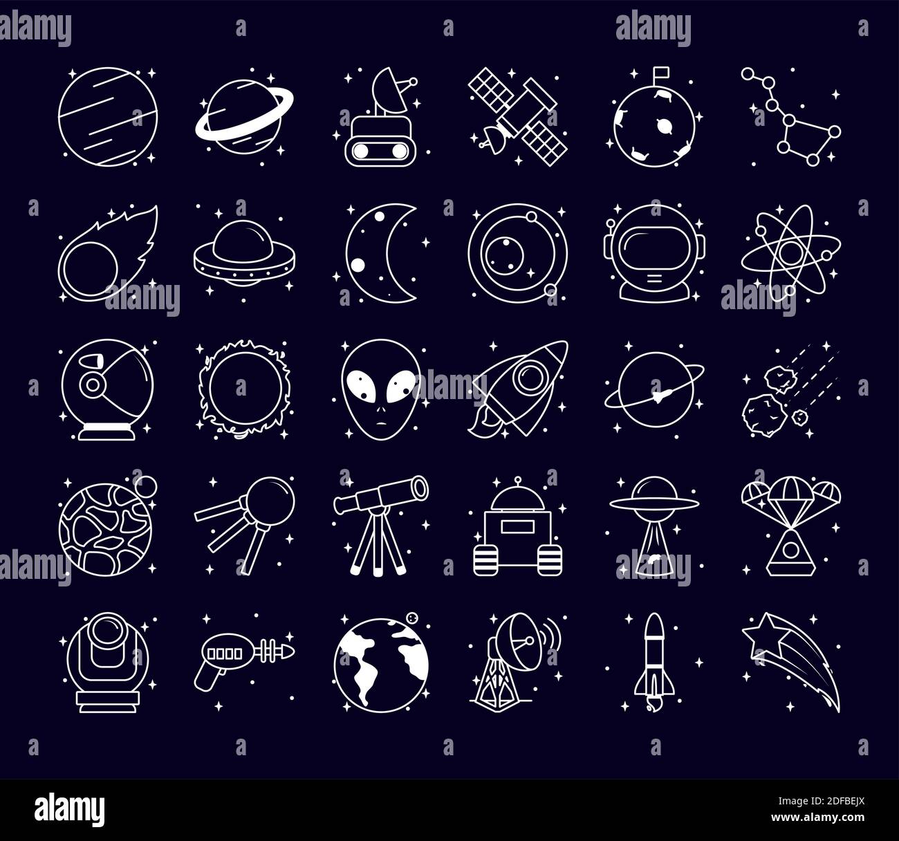 space icon set over black background, line style, vector illustration ...