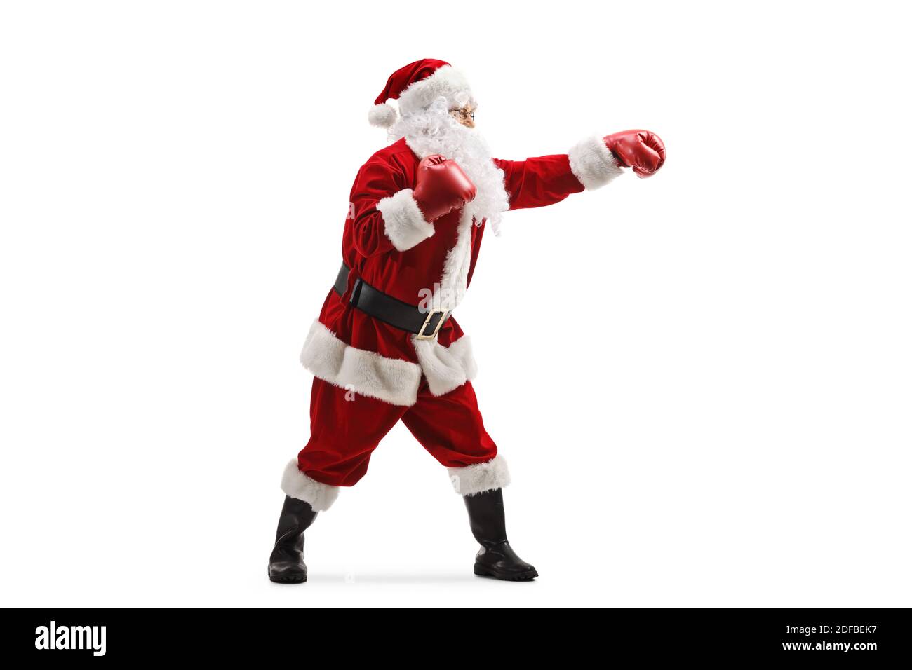 Full length profile shot of santa claus training box isolated on white ...