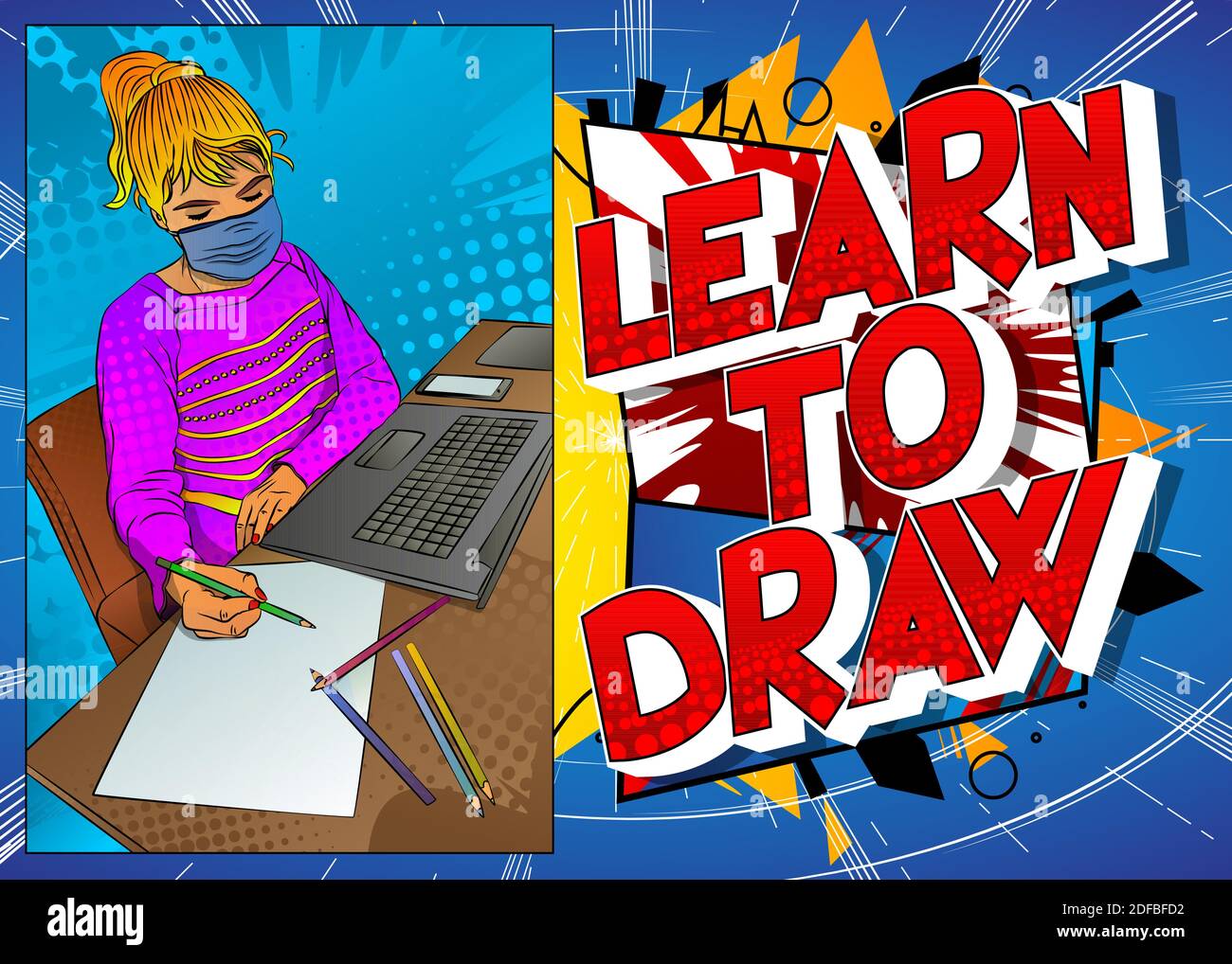 Teen girl learning to draw from internet, wearing medical mask ...