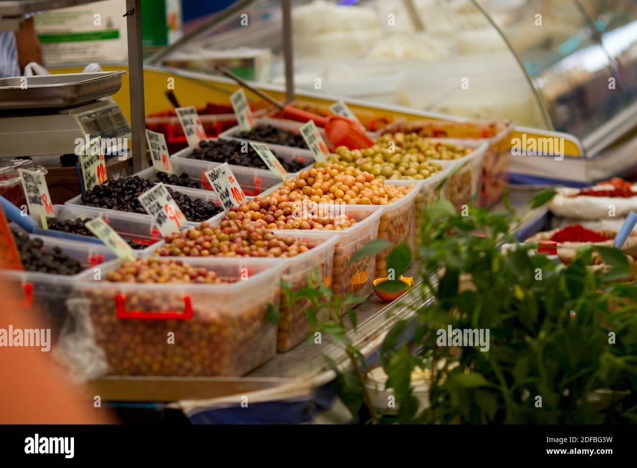 Different varieties of olives on display at farmer's market outdoors ...