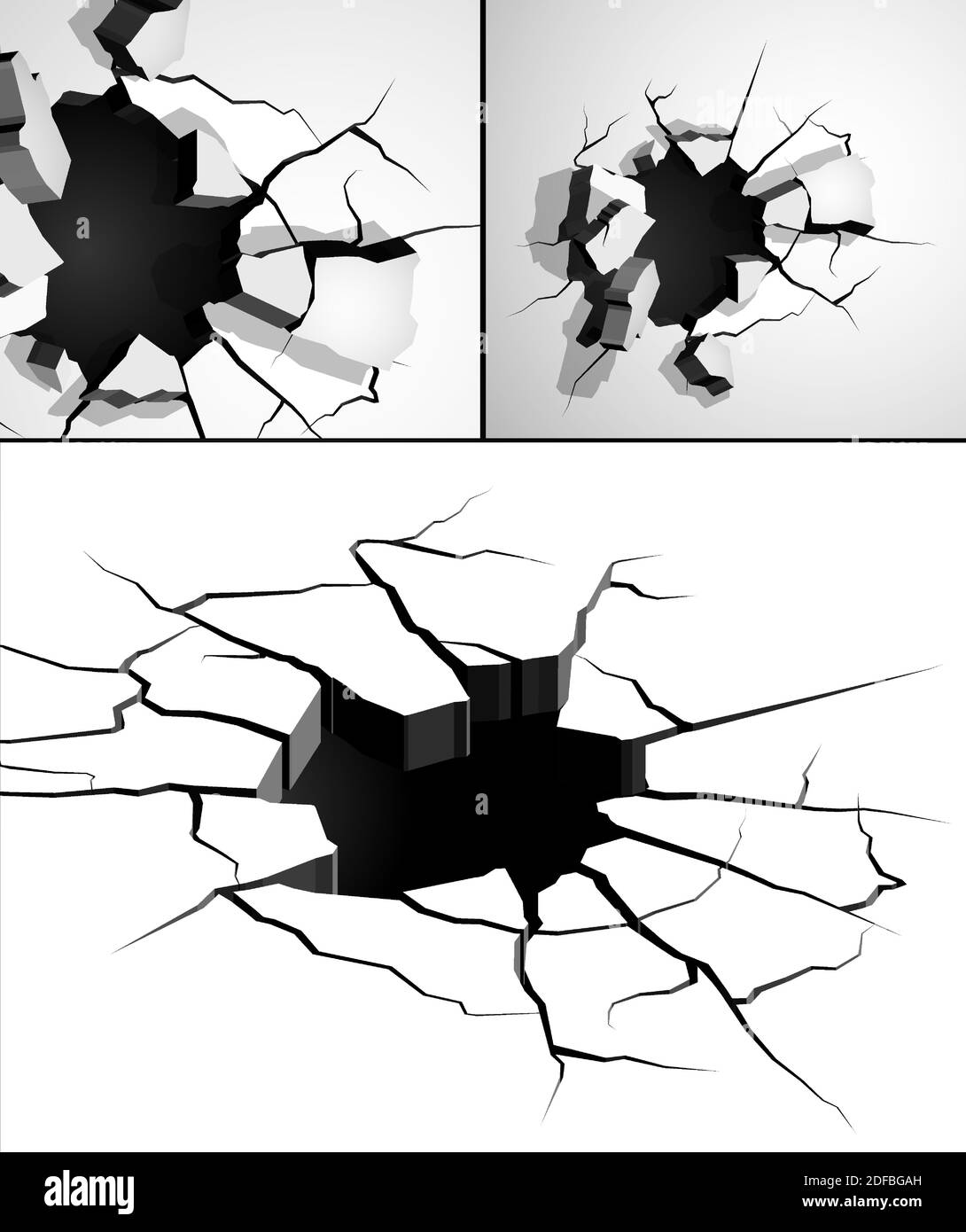 set of cracks in wall on white background. Breaking surface from strong ...