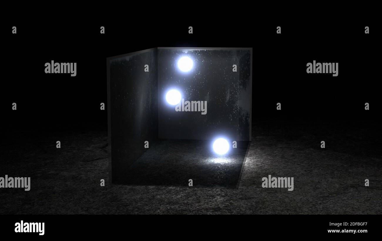 Three Crystal Balls with illuminating light in a transparent glass box ...