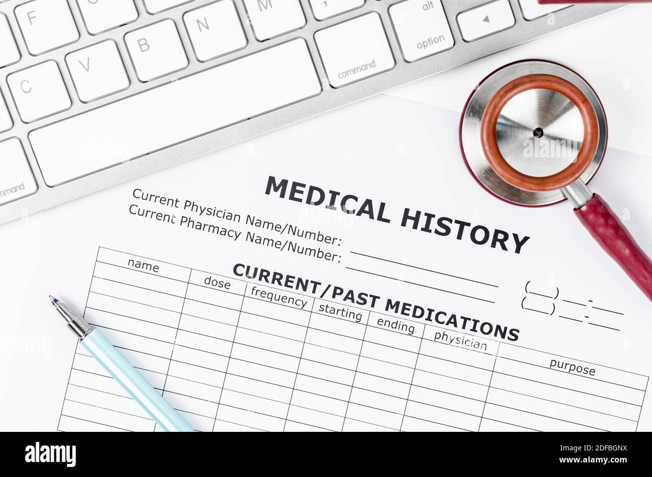 Medical history form document and stethoscope medical with keyboard ...