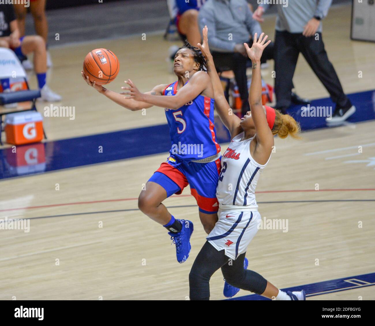 Oxford, MS, USA. 03rd Dec, 2020. Kansas guard, Aniya Thomas (5), drives ...
